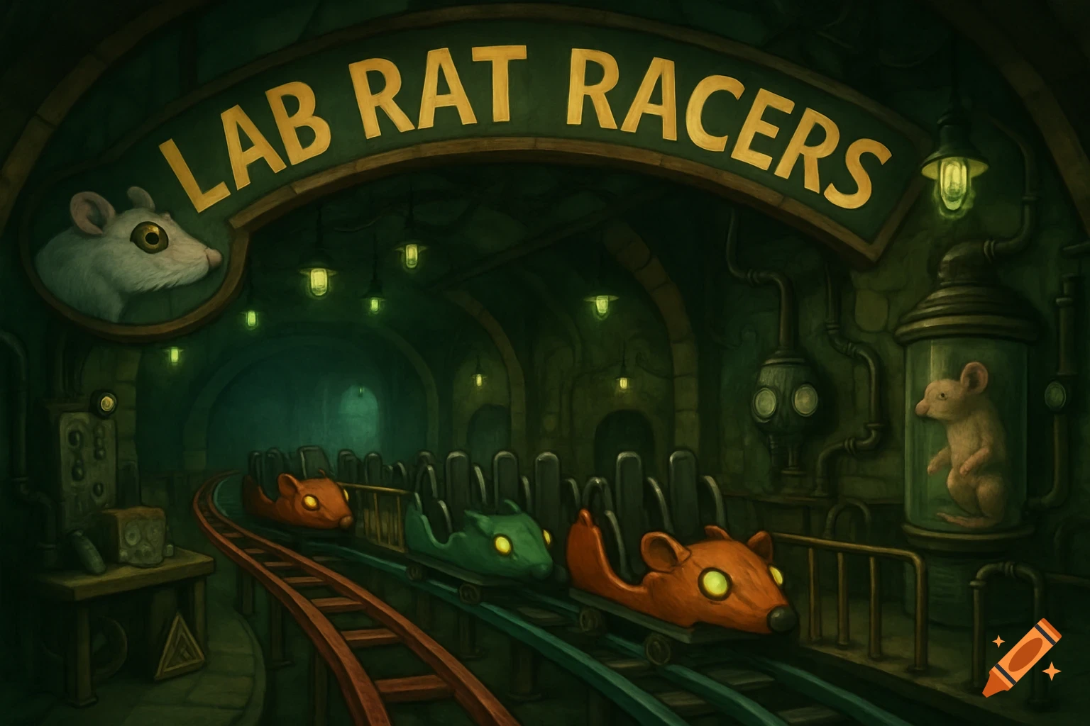 Illustrative scene of a Lab Rat Racers roller coaster station with rat ...
