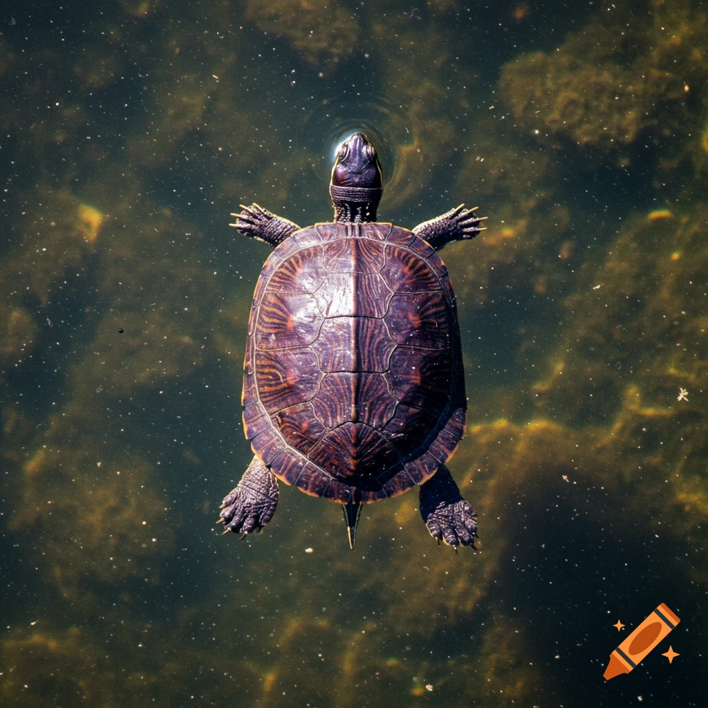 Overhead view of a turtle swimming in murky water. on Craiyon