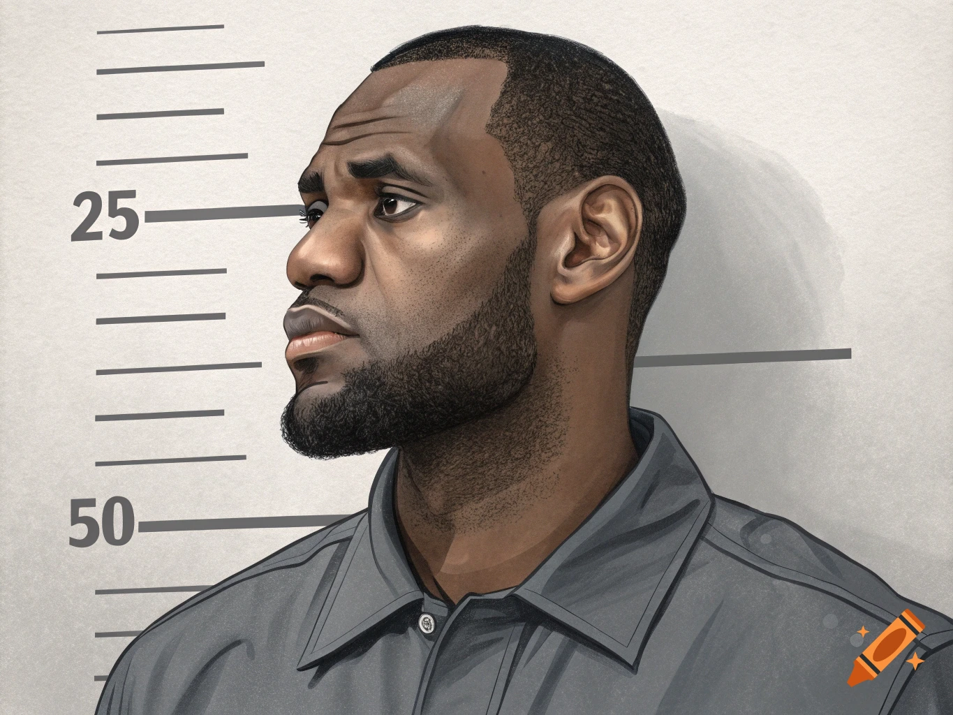 Illustrative portrait of LeBron James in a mugshot with a height chart ...