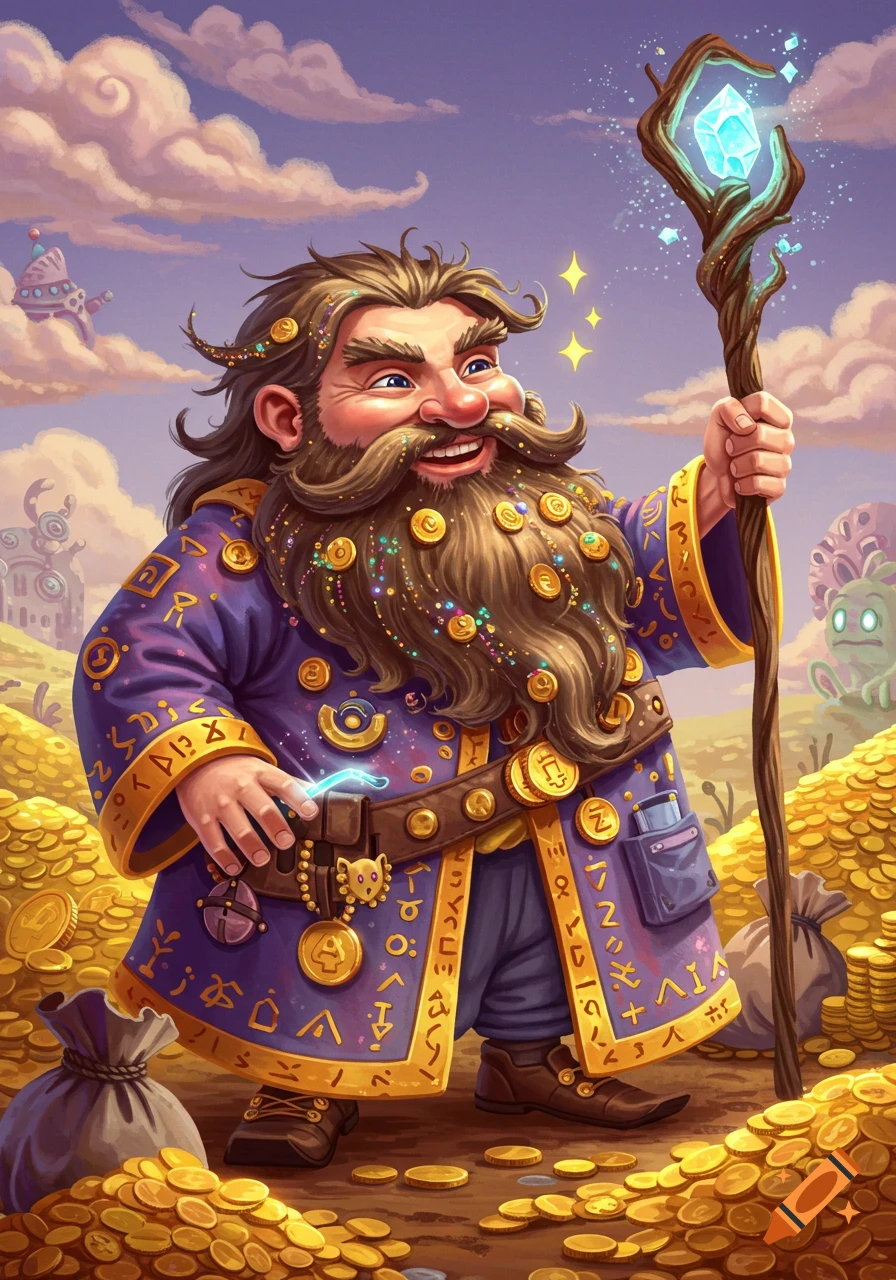 Cheerful cartoon fantasy dwarf with coin-decorated beard standing in ...
