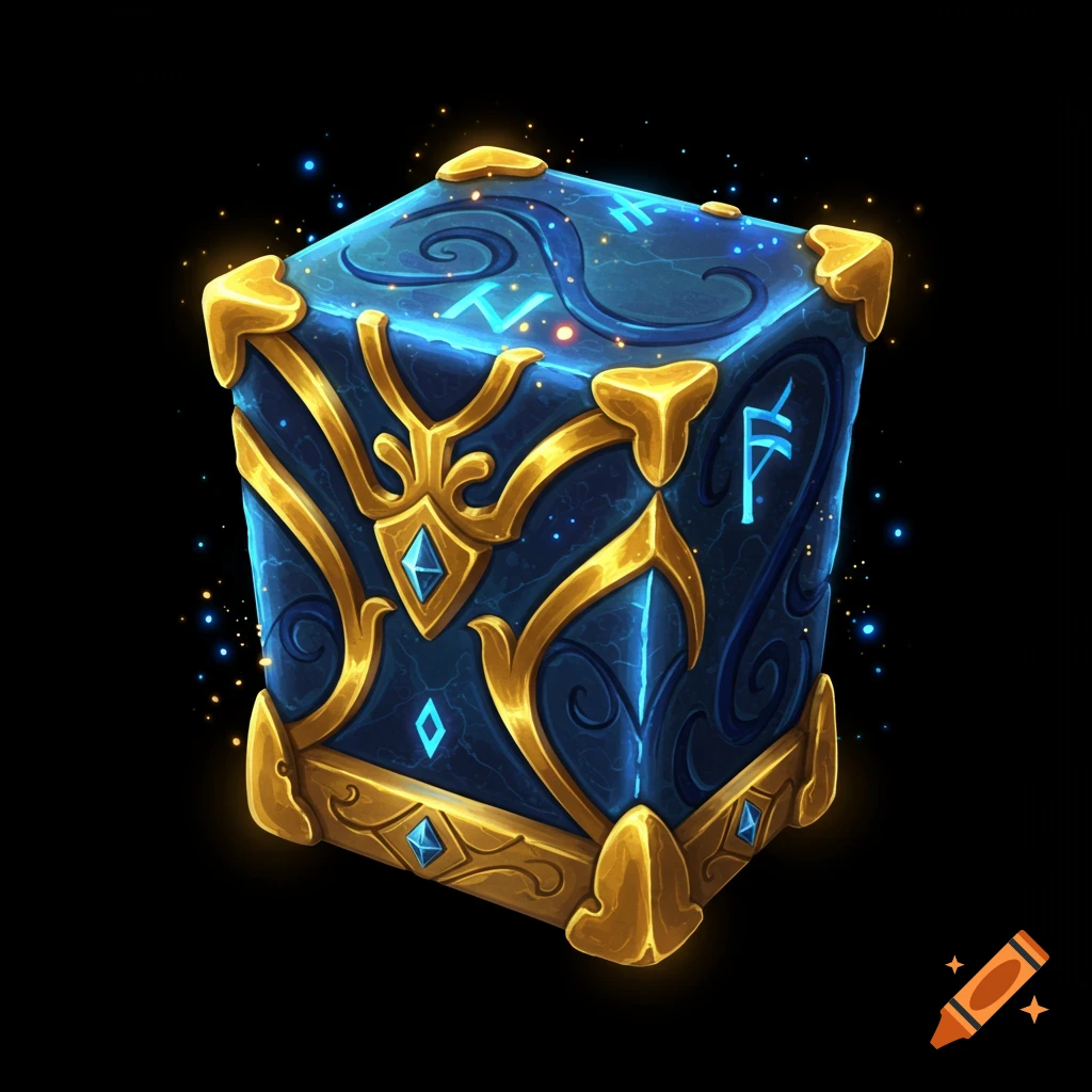 A glowing blue magic box decorated with gold trim and runes, sparkling ...