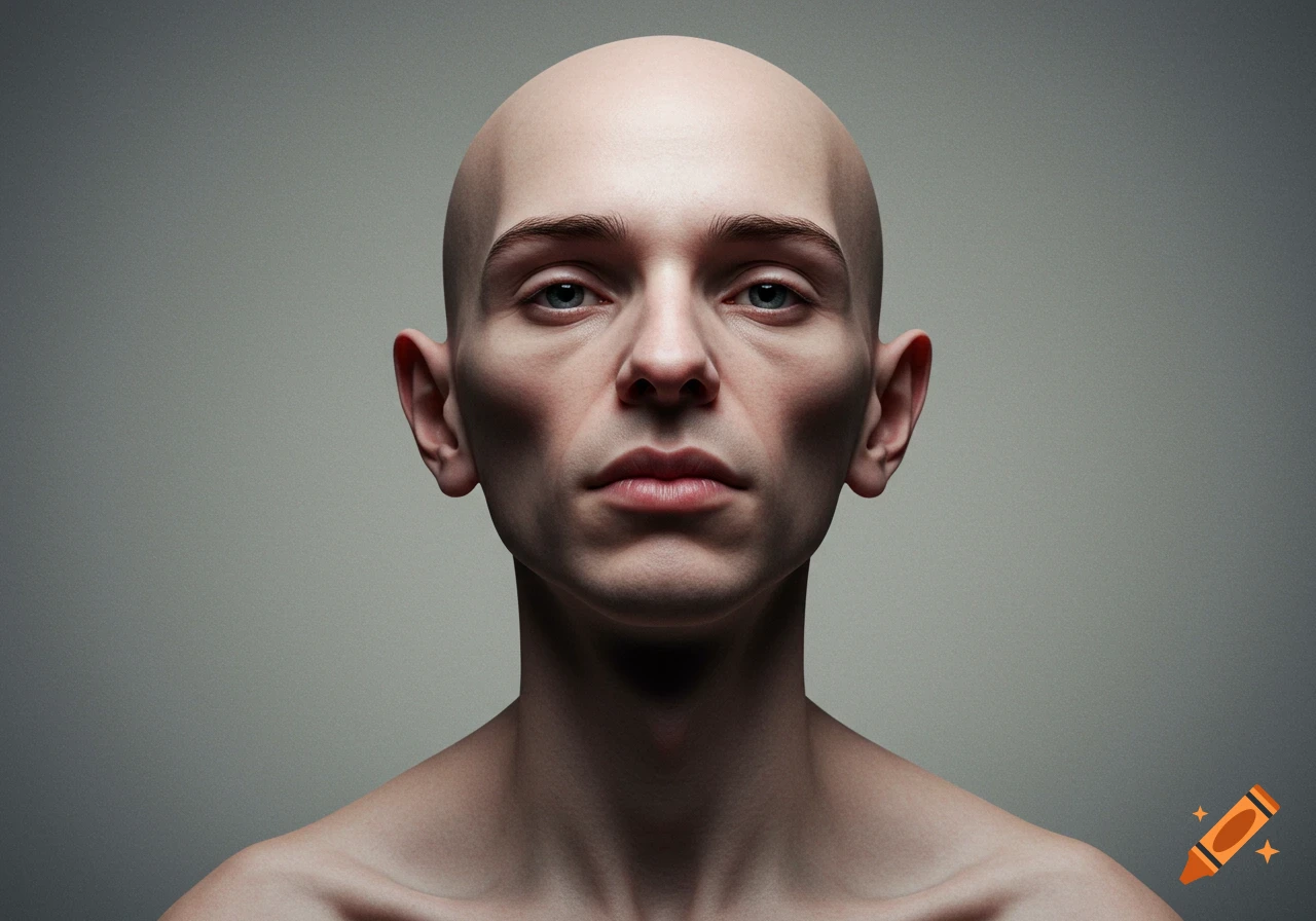 Close-up portrait of a bald man with prominent facial features. on Craiyon