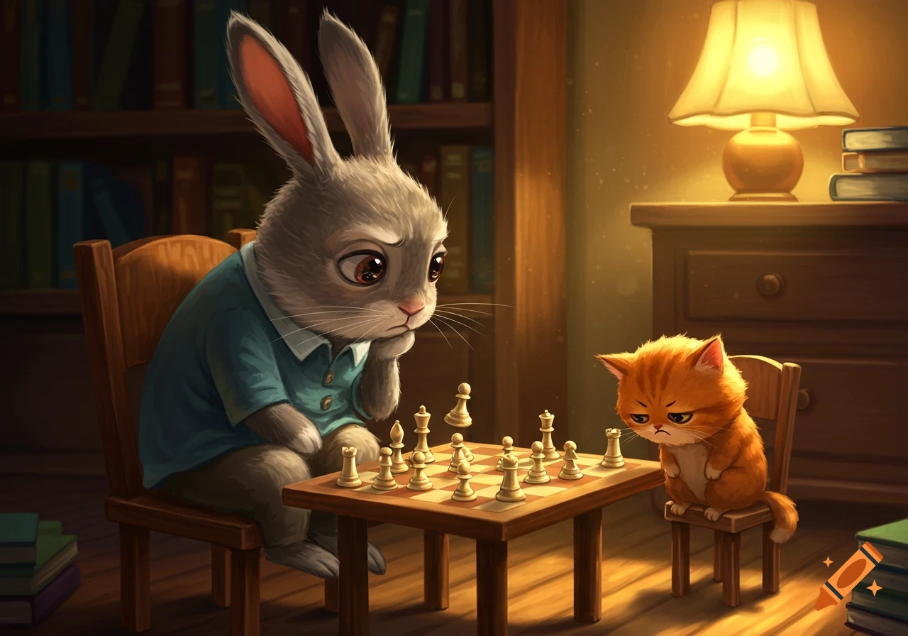 A serious bunny plays chess with a frowning orange kitten in a library ...