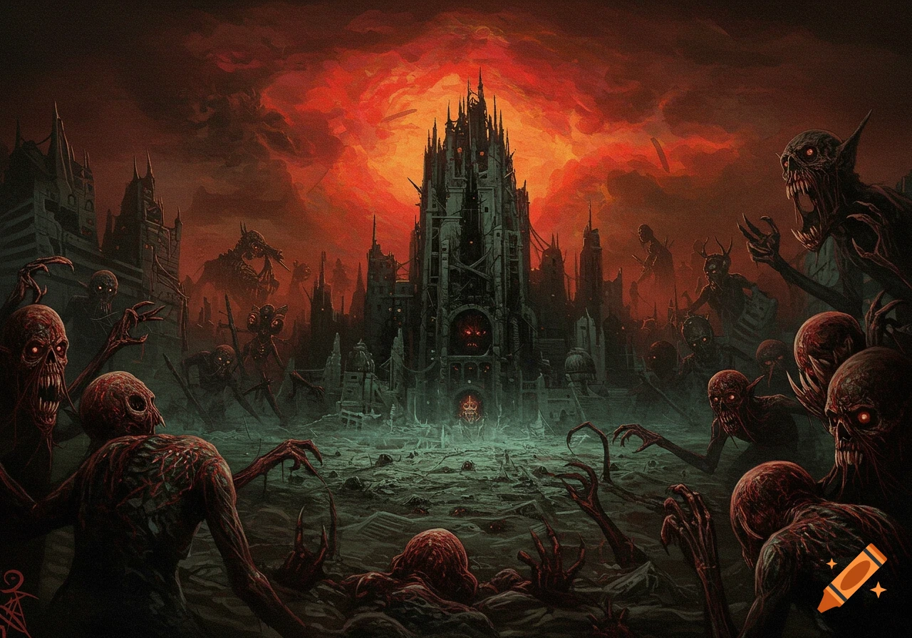 Dark fantasy scene with monsters surrounding a gothic structure under a ...