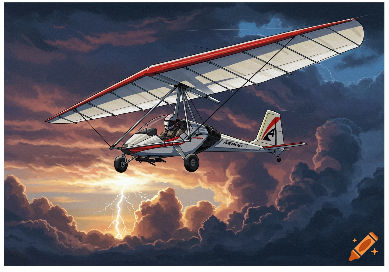 Illustration of a hang glider flying through a storm with lightning. on ...