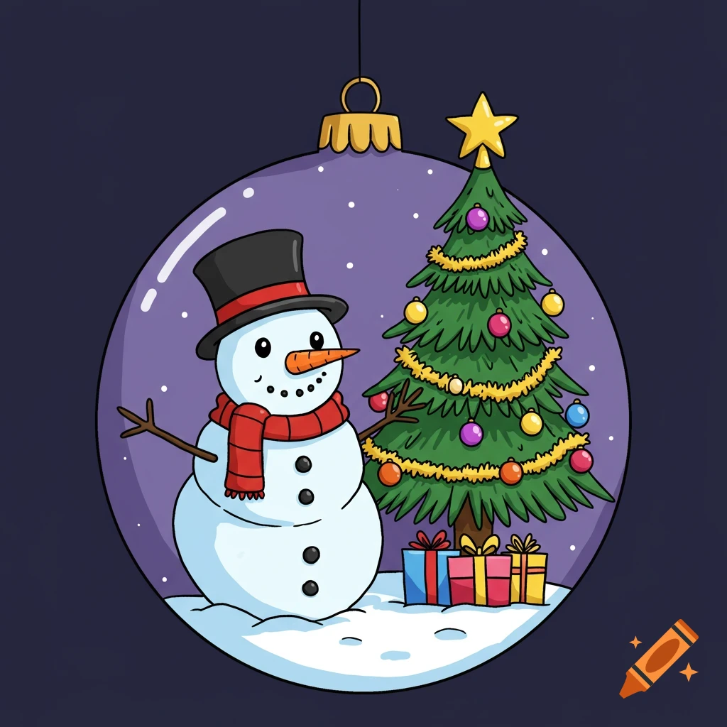 Cartoon snowman and decorated Christmas tree inside a bauble. on Craiyon