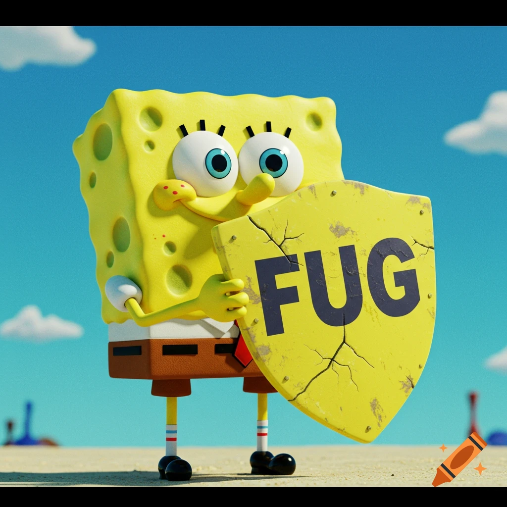 3D render of SpongeBob holding a yellow shield that says FUG on a beach ...