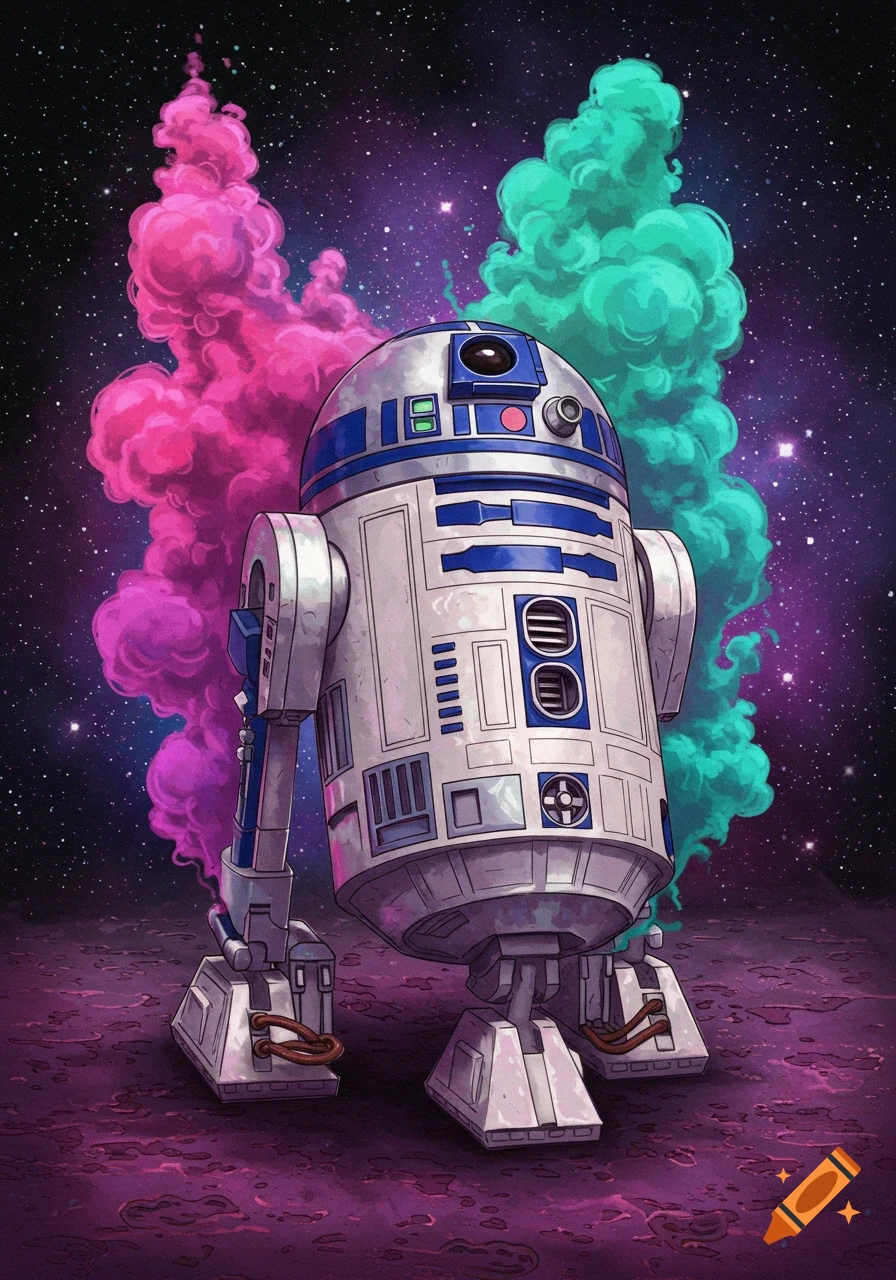 Illustration of R2D2 standing on a purple surface in space with pink ...