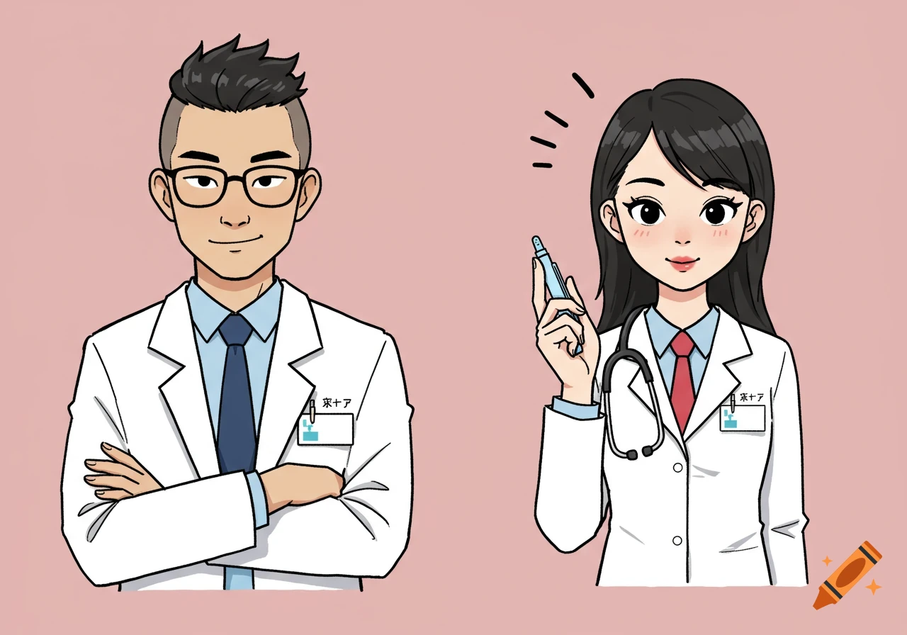Two cartoon doctors, a male and a female, stand side-by-side on a pink ...
