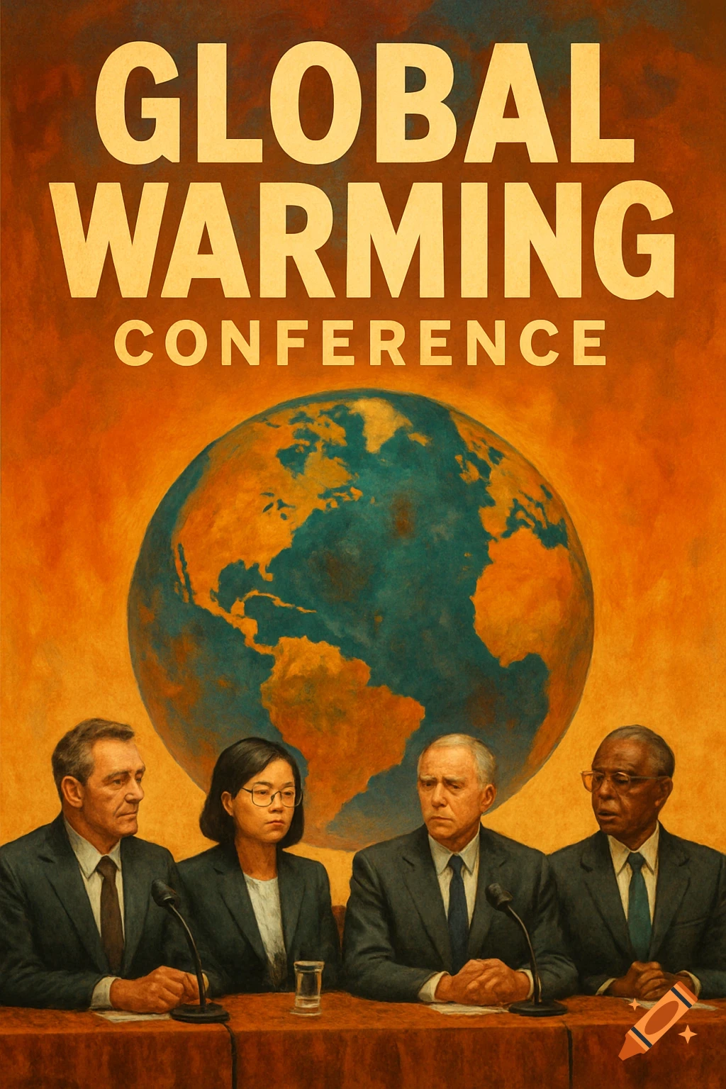 A poster for a global warming conference features three men and one ...