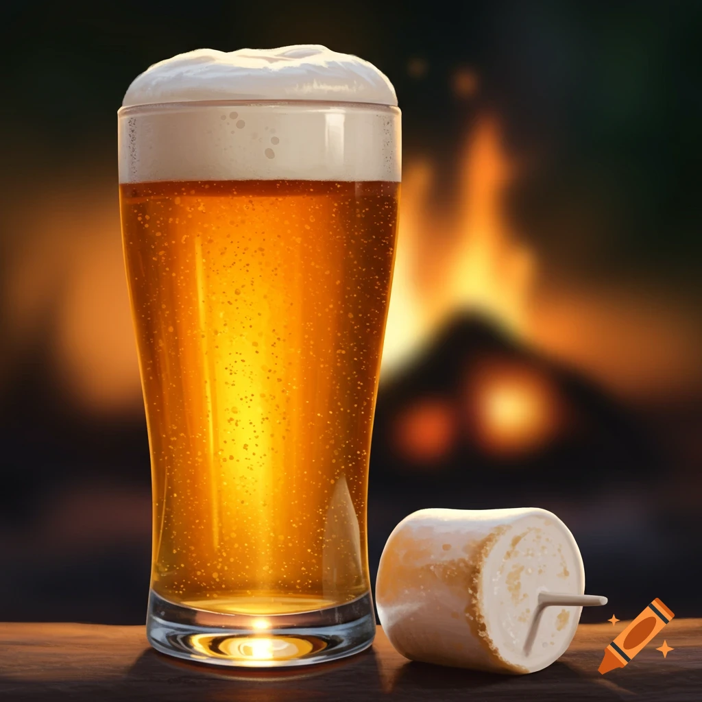 A photorealistic shot of a glass of beer and a marshmallow on a stick ...
