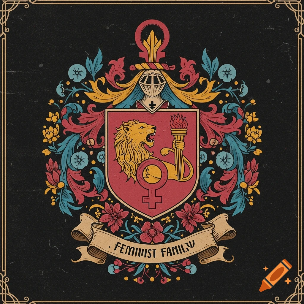 A decorative family crest featuring a lion, torch, female symbol, and ...