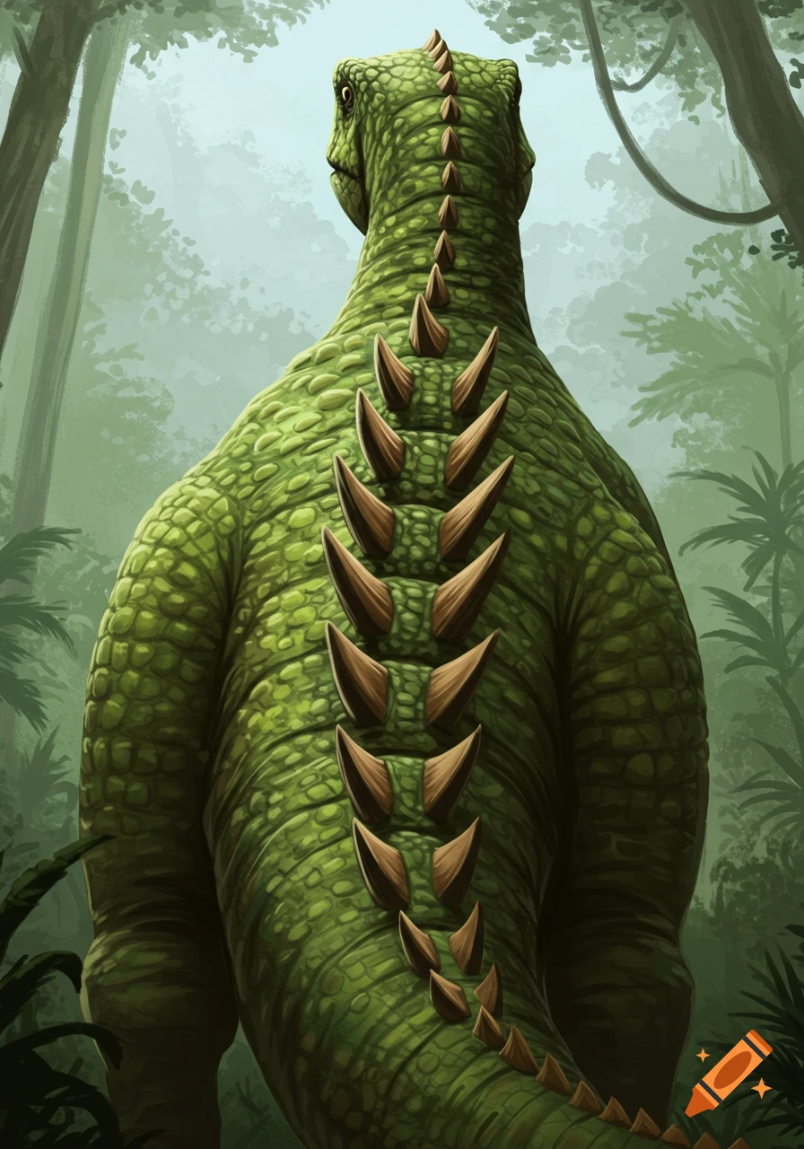 Back of a green dinosaur with spikes on its spine in a jungle on Craiyon