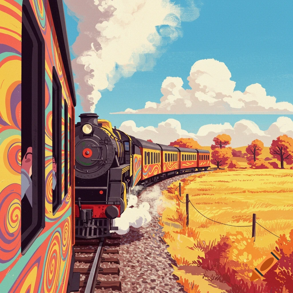 A train with swirling psychedelic patterns travels through a golden ...