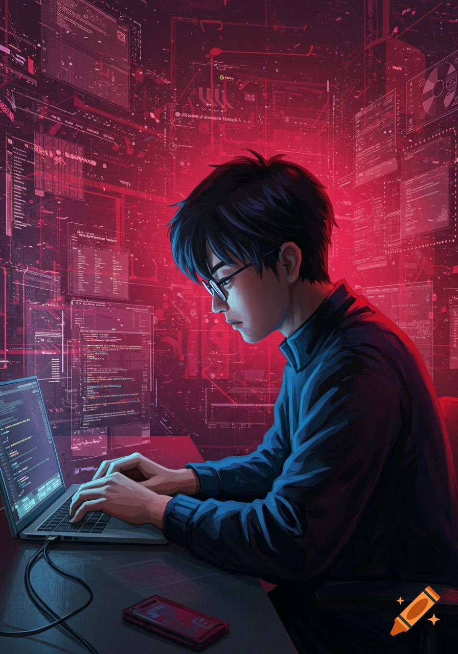 Anime style illustration of a person coding on a laptop in a red-lit ...