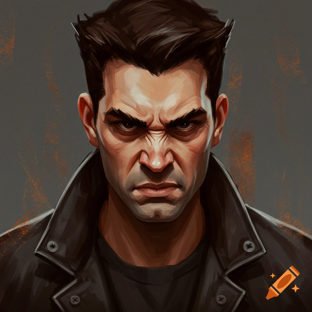 A stylized illustration of a man with a fierce, angry expression. on ...