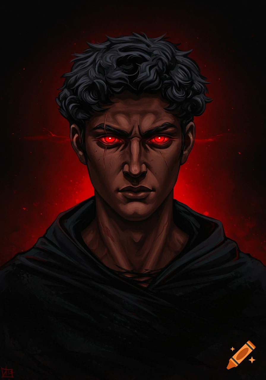 Dark fantasy portrait of a man with glowing red eyes and face scars ...