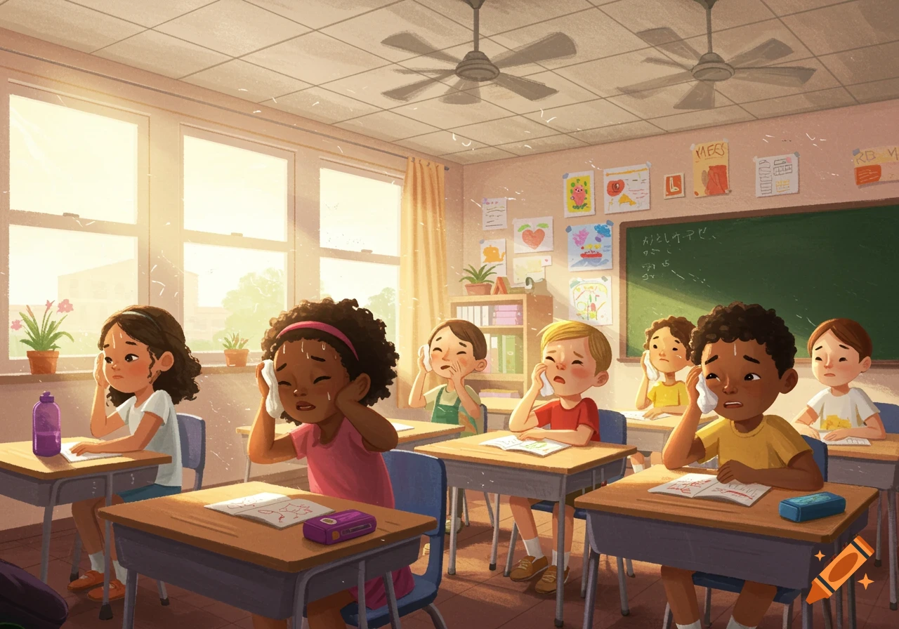 Illustration of children wiping sweat in a sunny classroom. on Craiyon