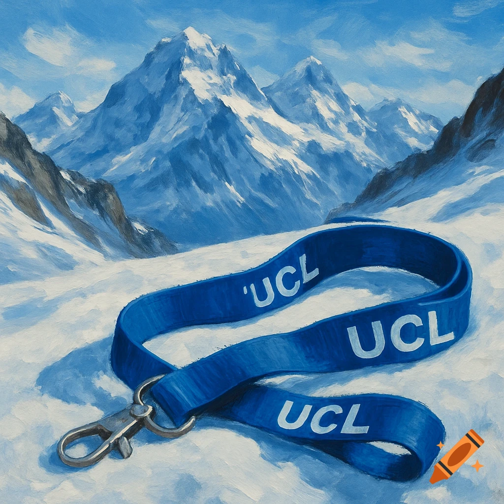 A blue lanyard with UCL text lies on the snow in a painted snowy ...