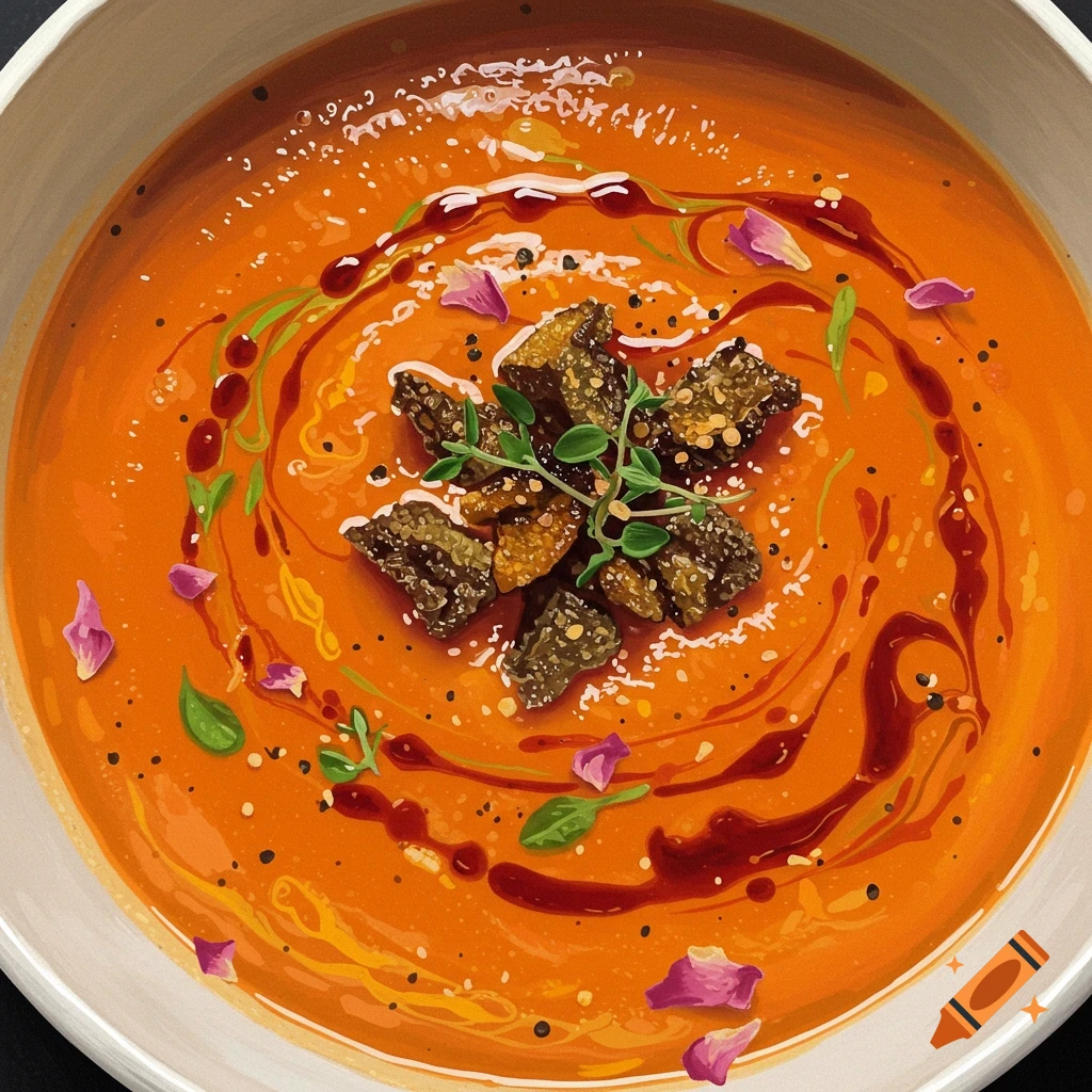 Overhead view of a bowl of orange soup garnished with crispy croutons ...