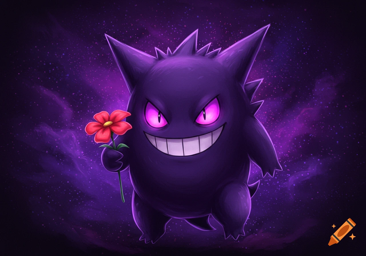 Purple Gengar from Pokemon holds a red flower against a starry purple ...