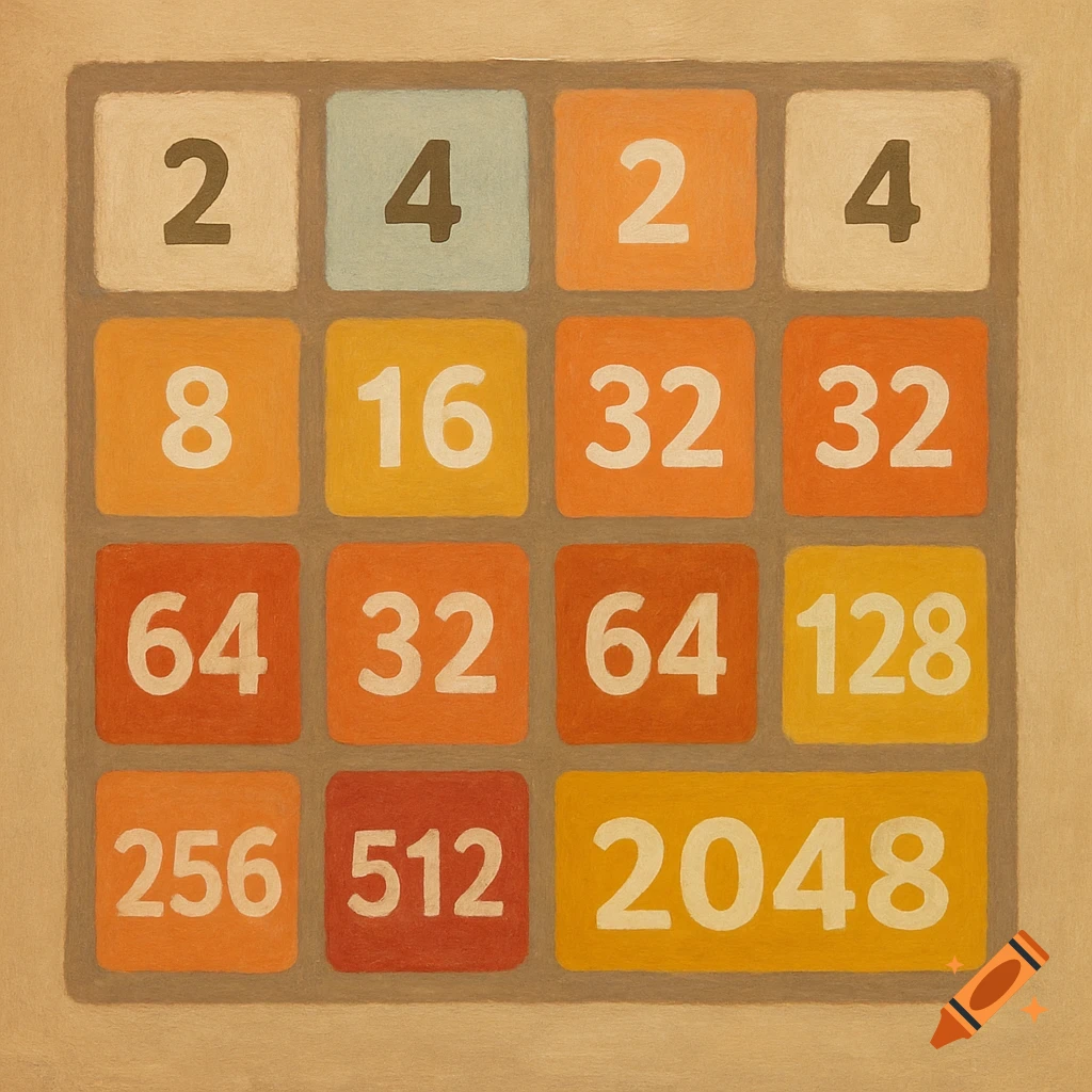 A grid of colorful tiles with numbers from the 2048 game on Craiyon