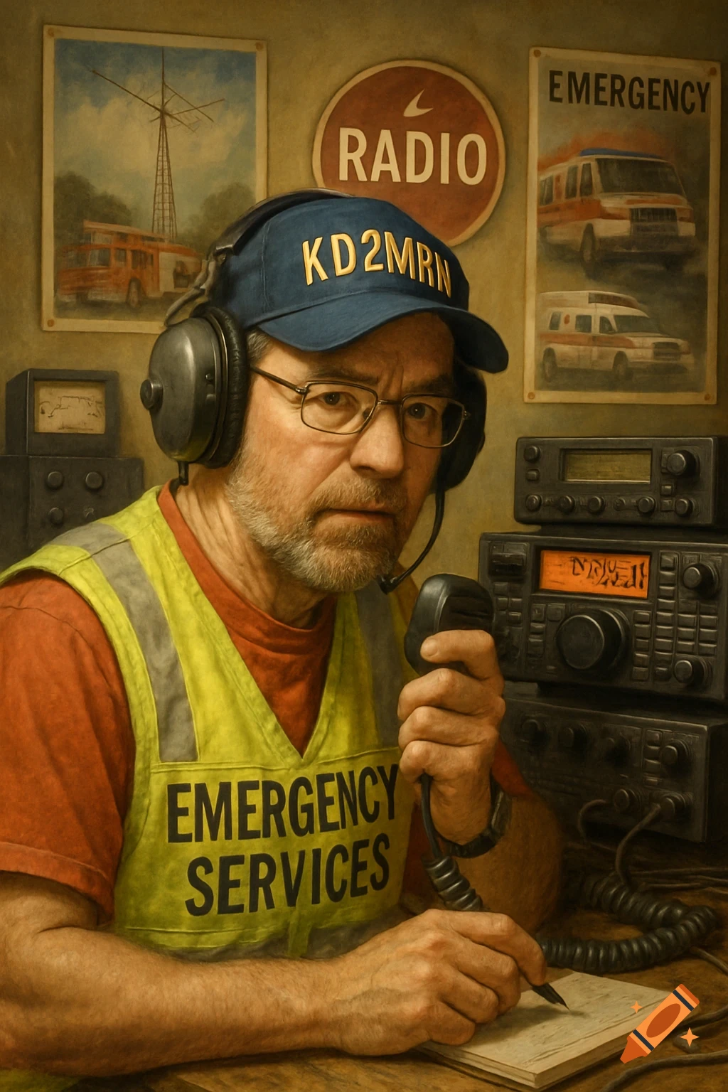 Man with headphones and emergency services vest operating a ham radio ...
