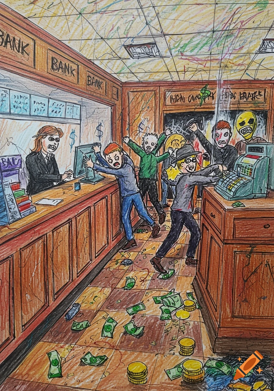 Crayon drawing of a bank robbery with people scrambling and money on ...