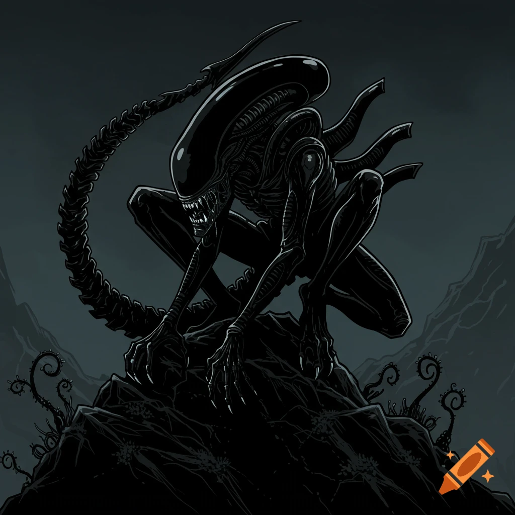 A dark illustration of a Xenomorph alien perched on a rock. on Craiyon