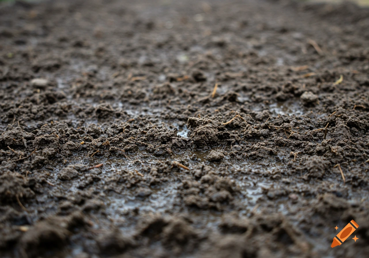 Close-up of wet, dark brown soil with shallow depth of field on Craiyon