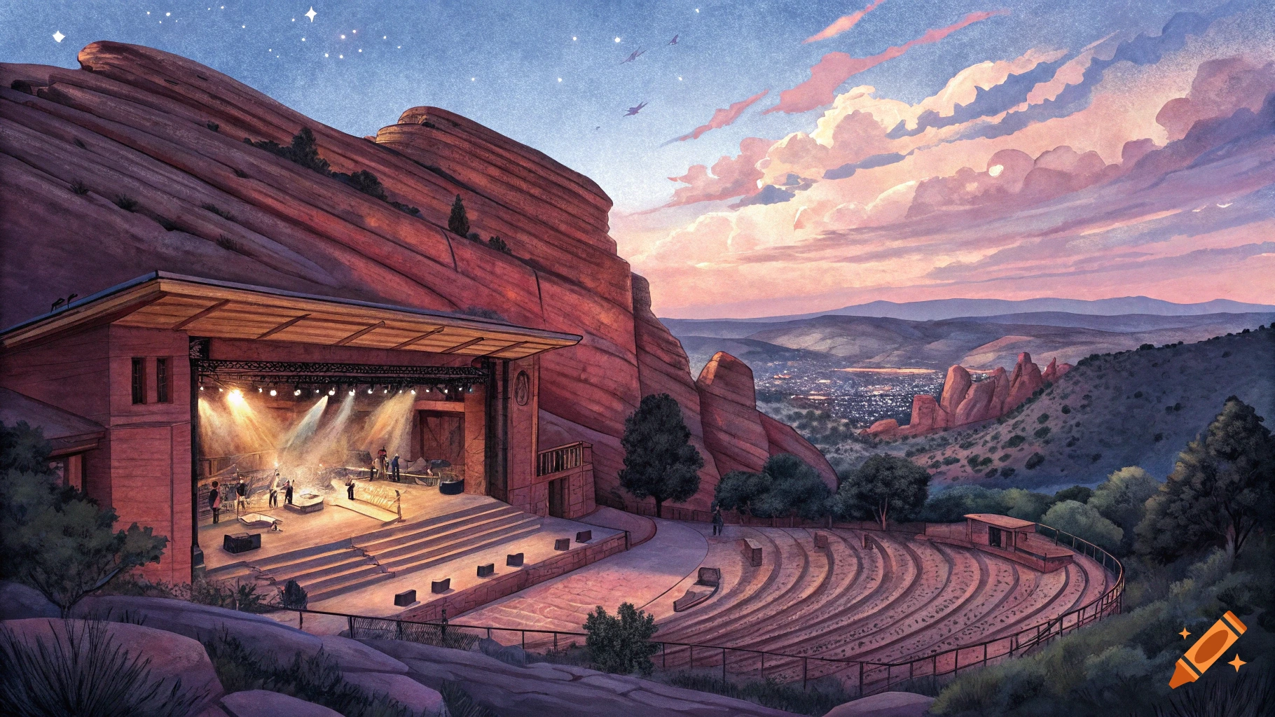 A watercolor painting of a music venue nestled in red rock formations ...