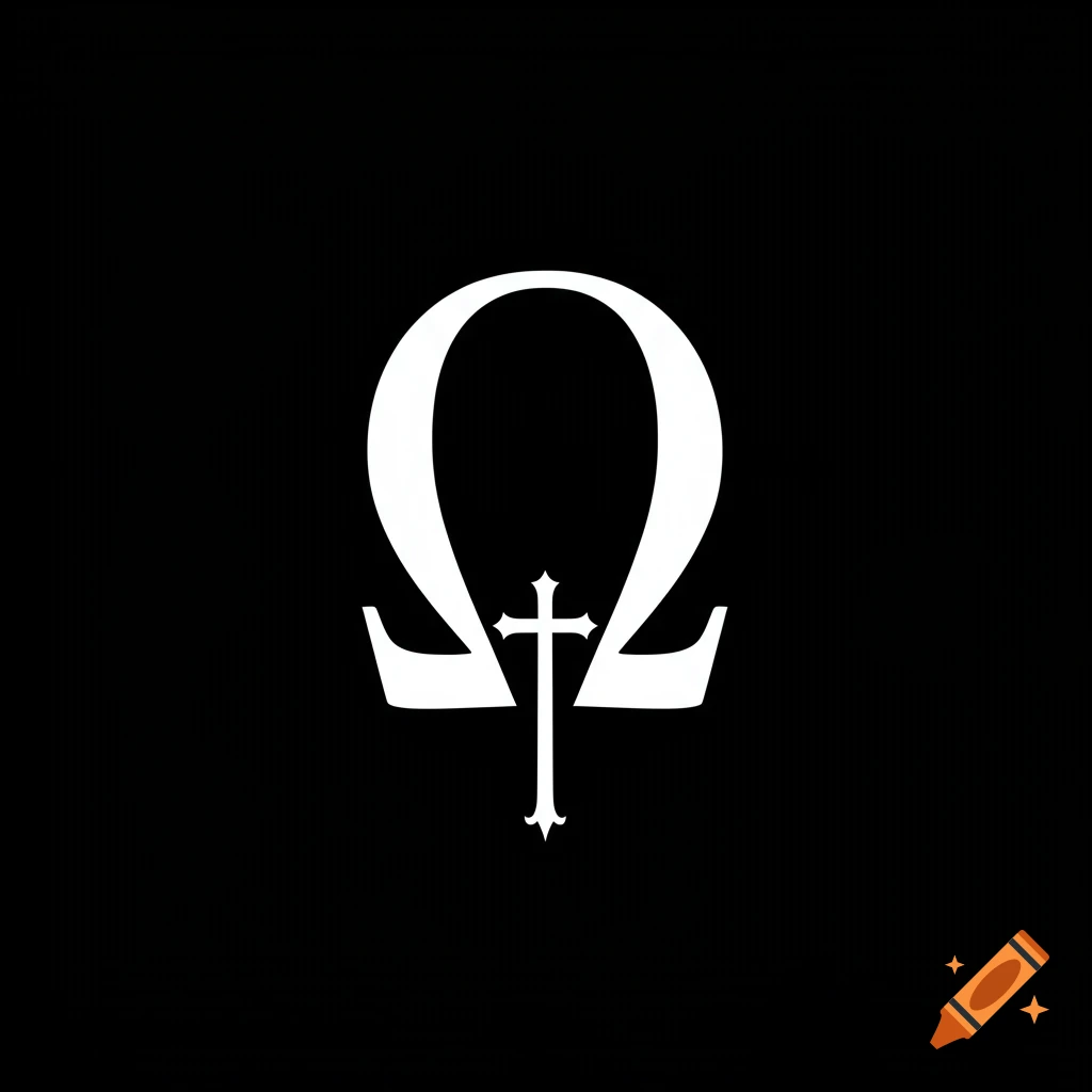 White Omega symbol with a cross inside on a black background. on Craiyon