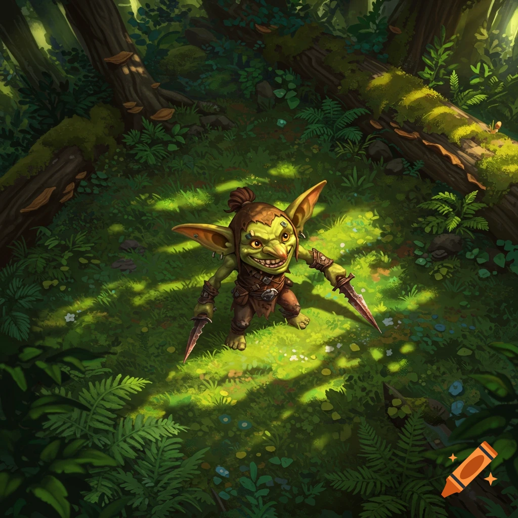 A mischievous goblin stands in a sunlit forest clearing, holding two ...