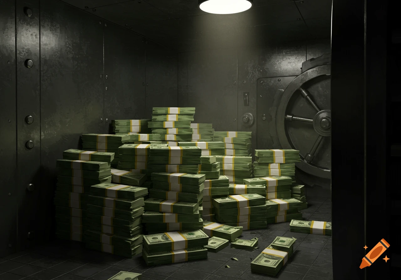 A dark bank vault filled with large stacks of cash. on Craiyon