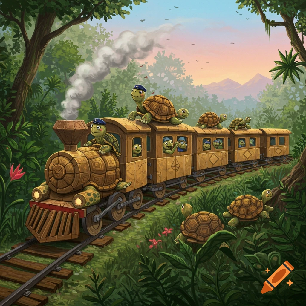 Illustration of a train made of turtles, carrying other turtles through ...