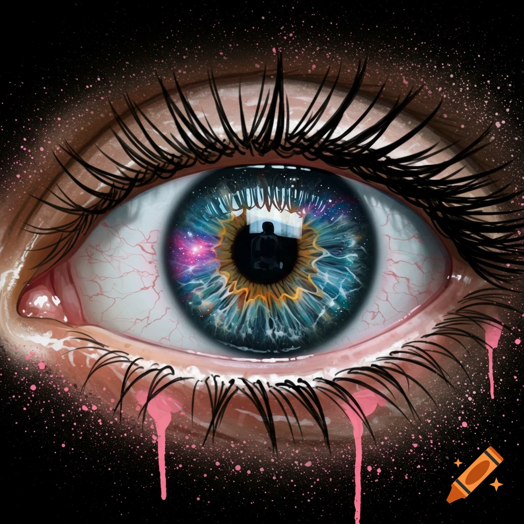 Graffiti style close-up of an eye with a cosmos galaxy inside the iris ...