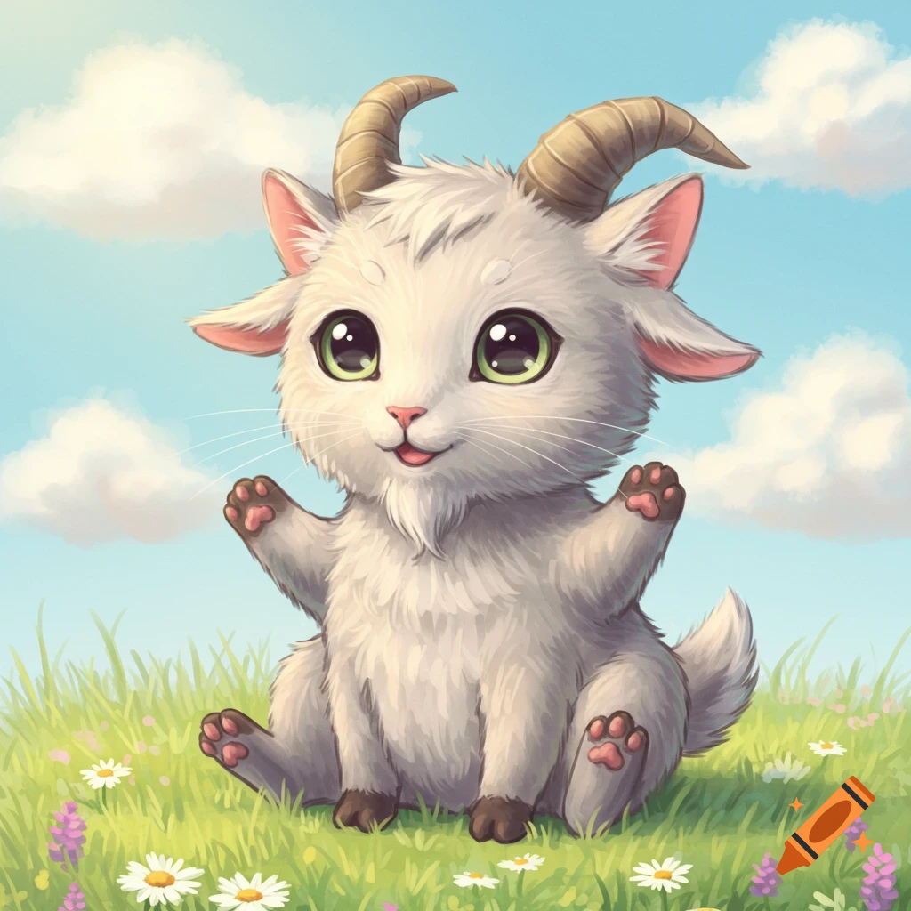 A cute cartoon goat-cat hybrid sits in grassy field with flowers under ...