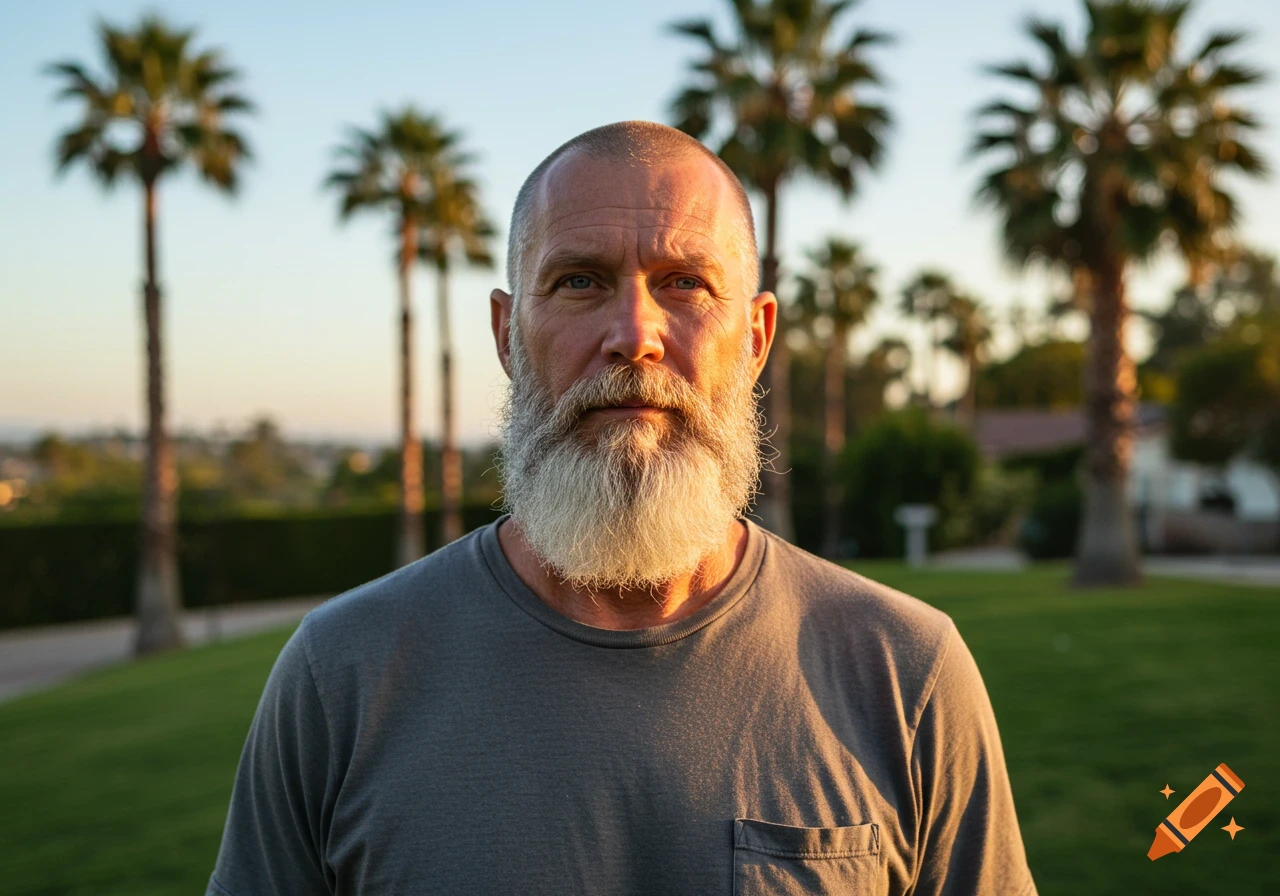 Portrait of a man with a grey beard standing outdoors with palm trees ...