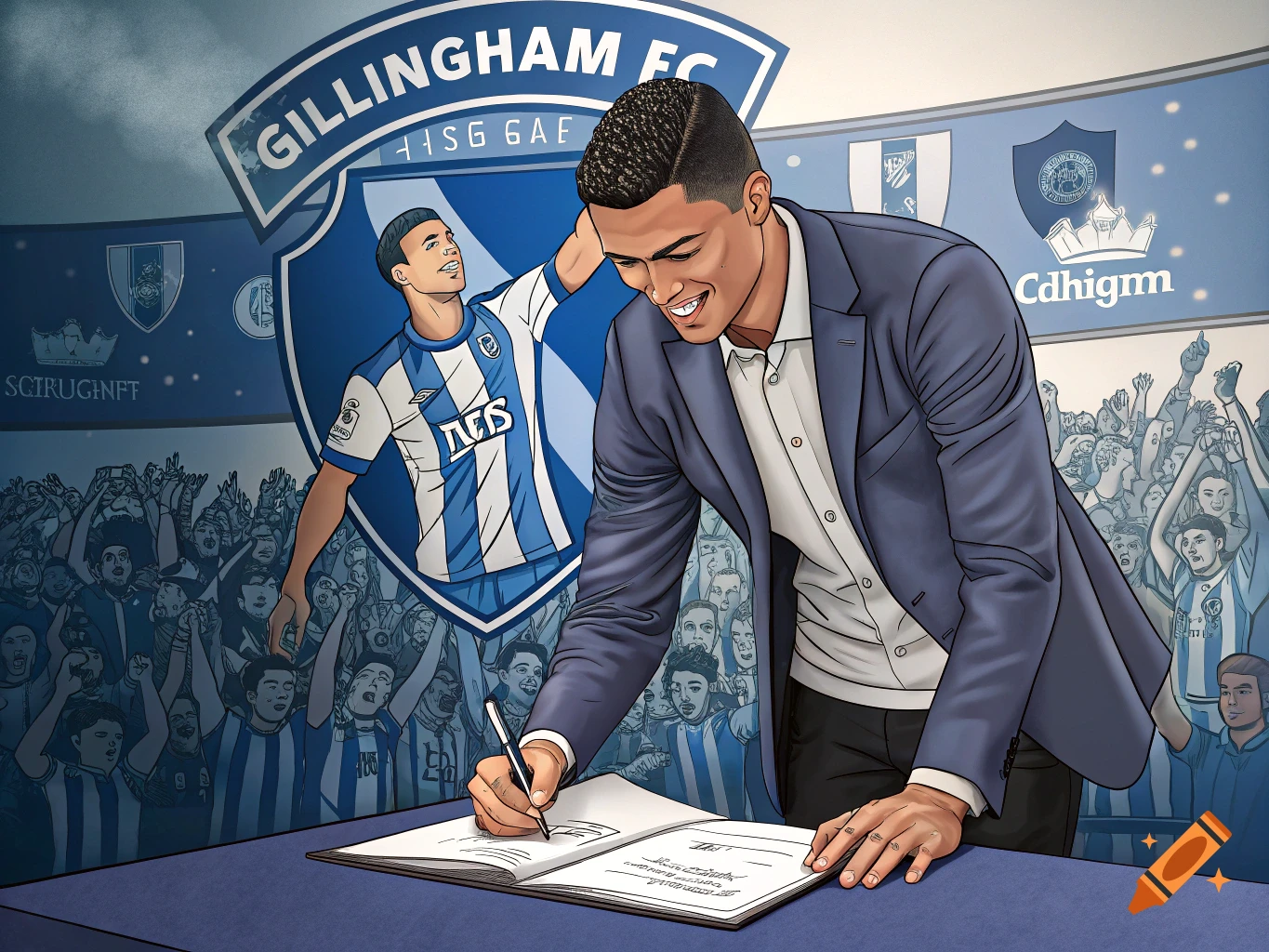 Illustration of a football player signing a contract for Gillingham FC ...