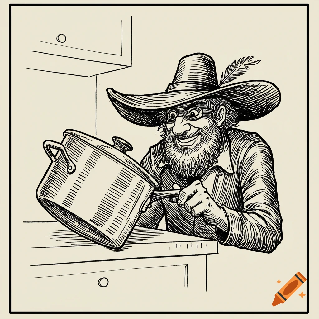 Line drawing of a bearded thief in a wide-brimmed hat stealing a ...