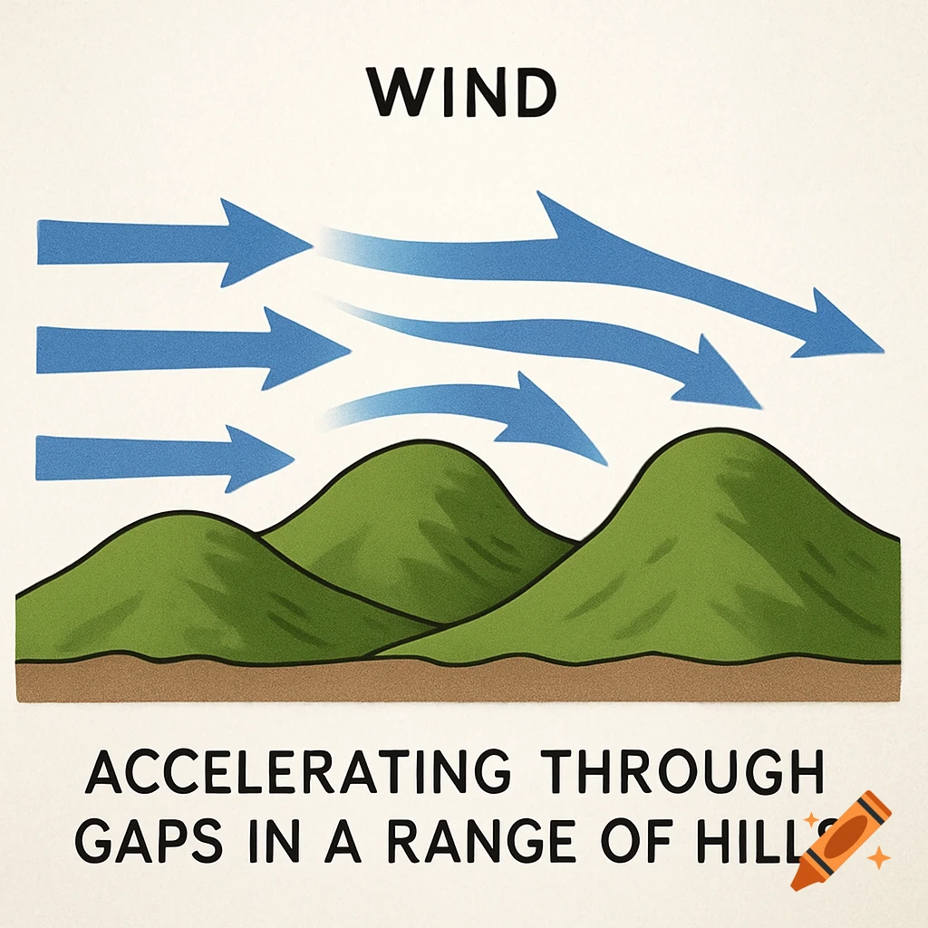 Diagram showing blue wind arrows accelerating through gaps in green ...