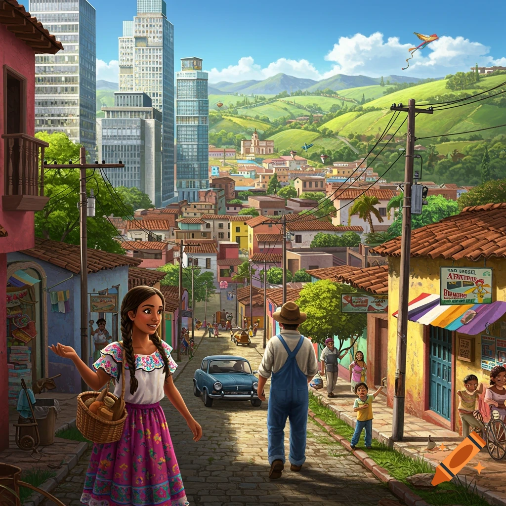 A vibrant Latin American street scene blending traditional architecture ...