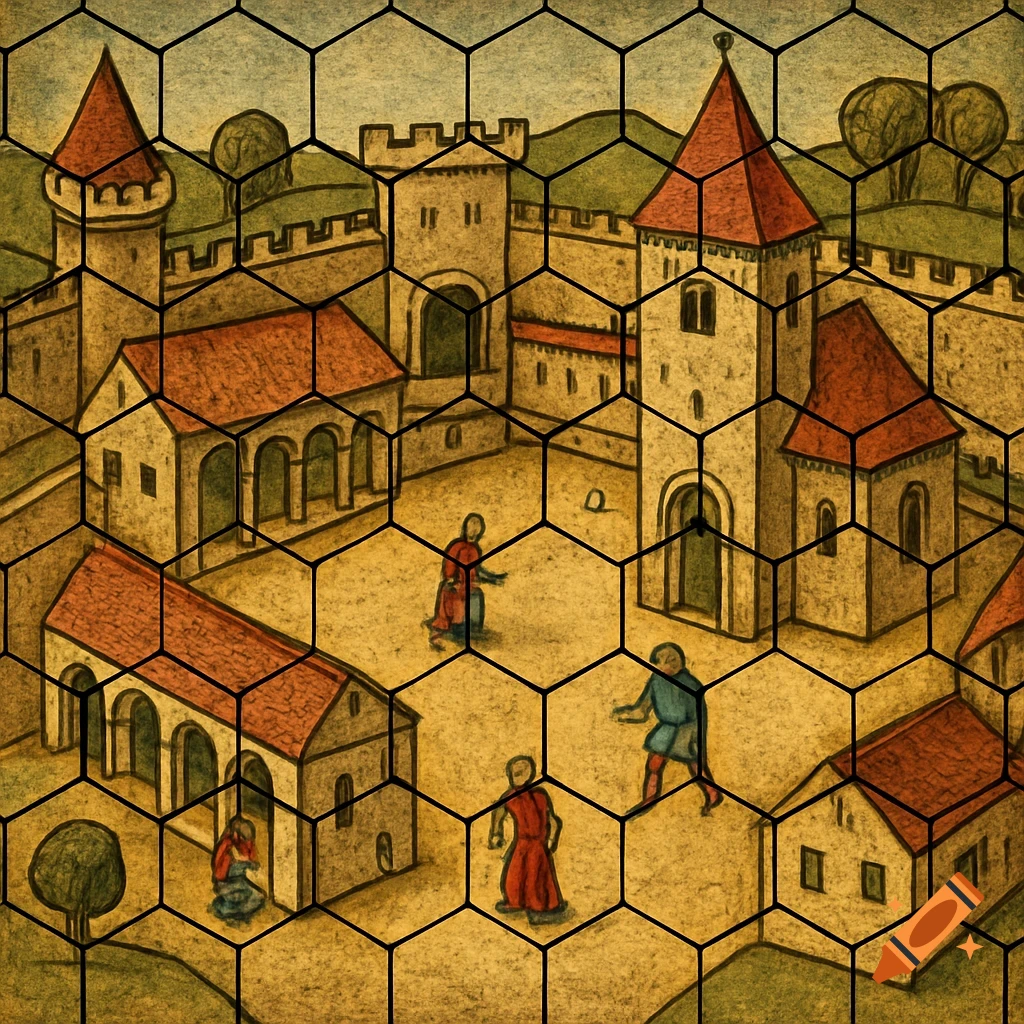 Medieval illustration of a castle courtyard with figures and buildings ...