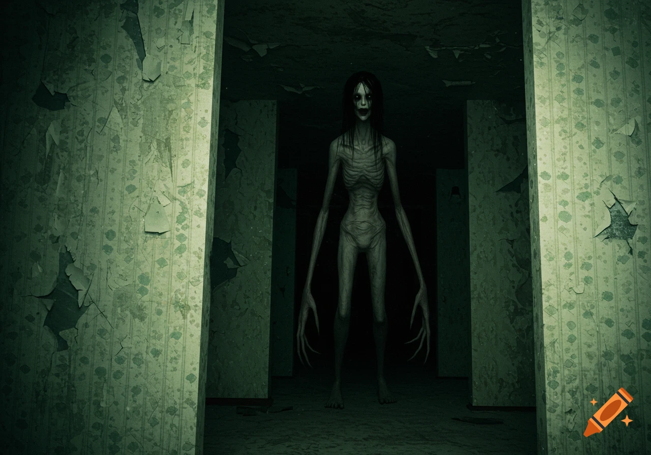 A thin, pale humanoid monster with long arms and black eyes stands in a ...