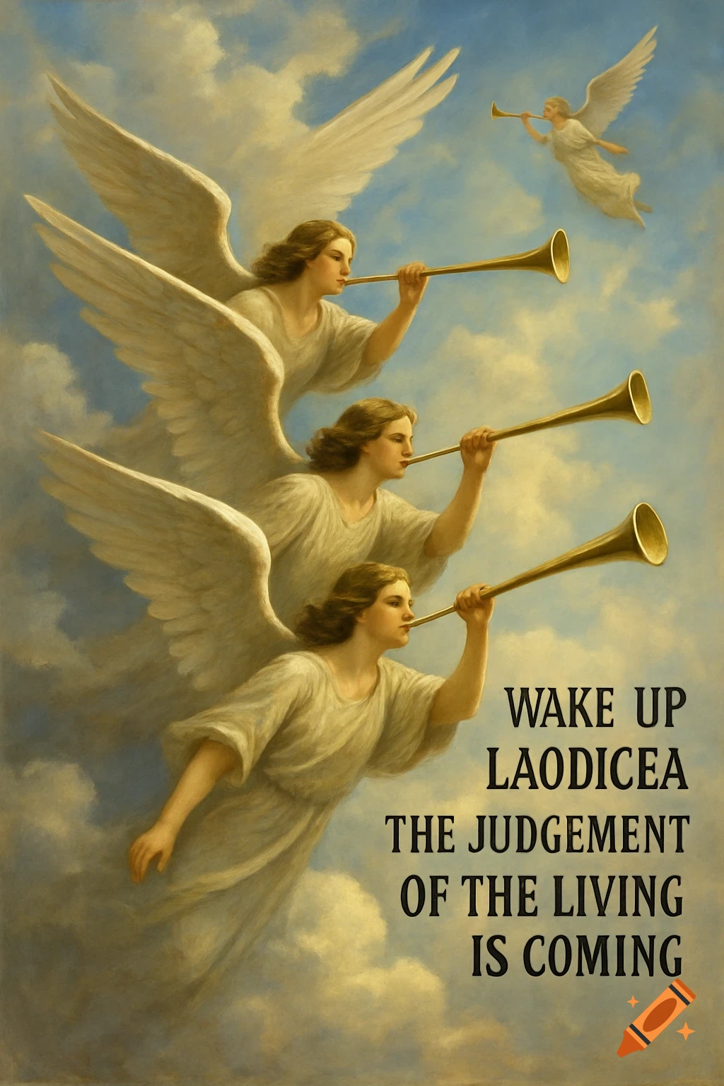 Three angels flying in the sky blowing trumpets, with text on the right ...