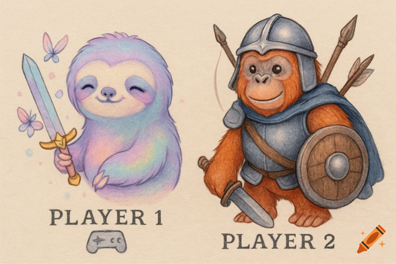 Cartoon pastel sloth with a sword and butterflies labeled Player 1 next ...