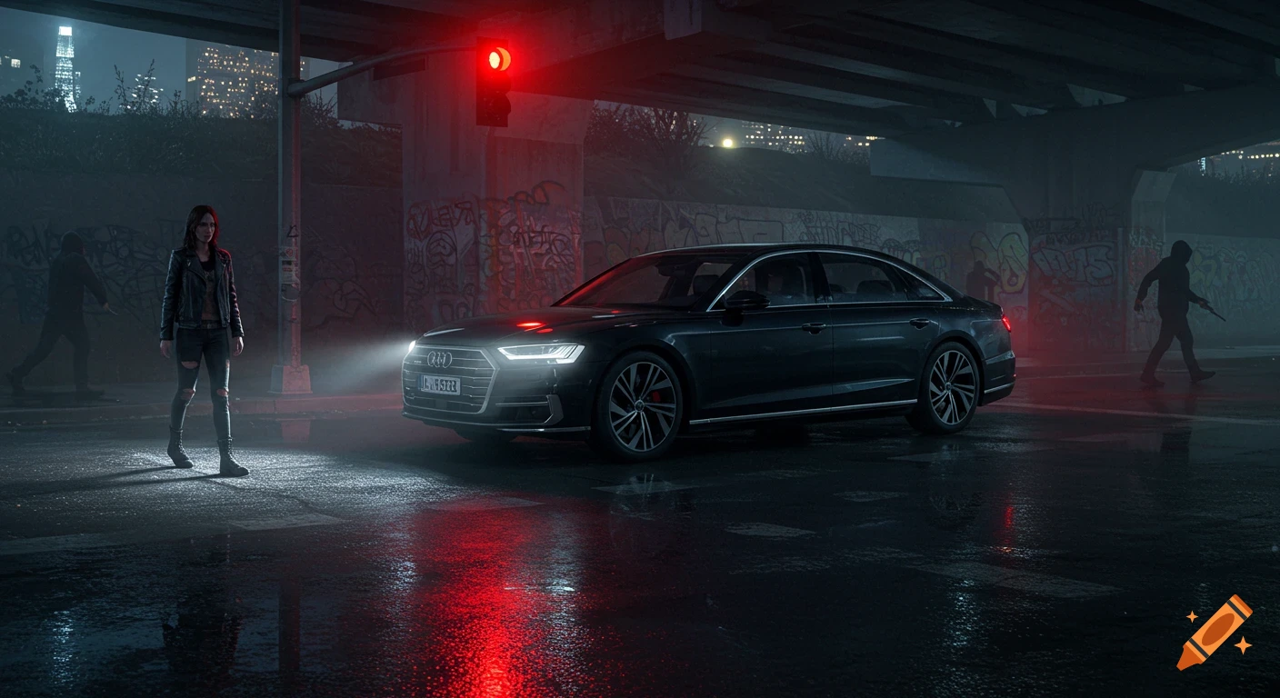 A black car is stopped at a red light under a bridge at night, with a ...