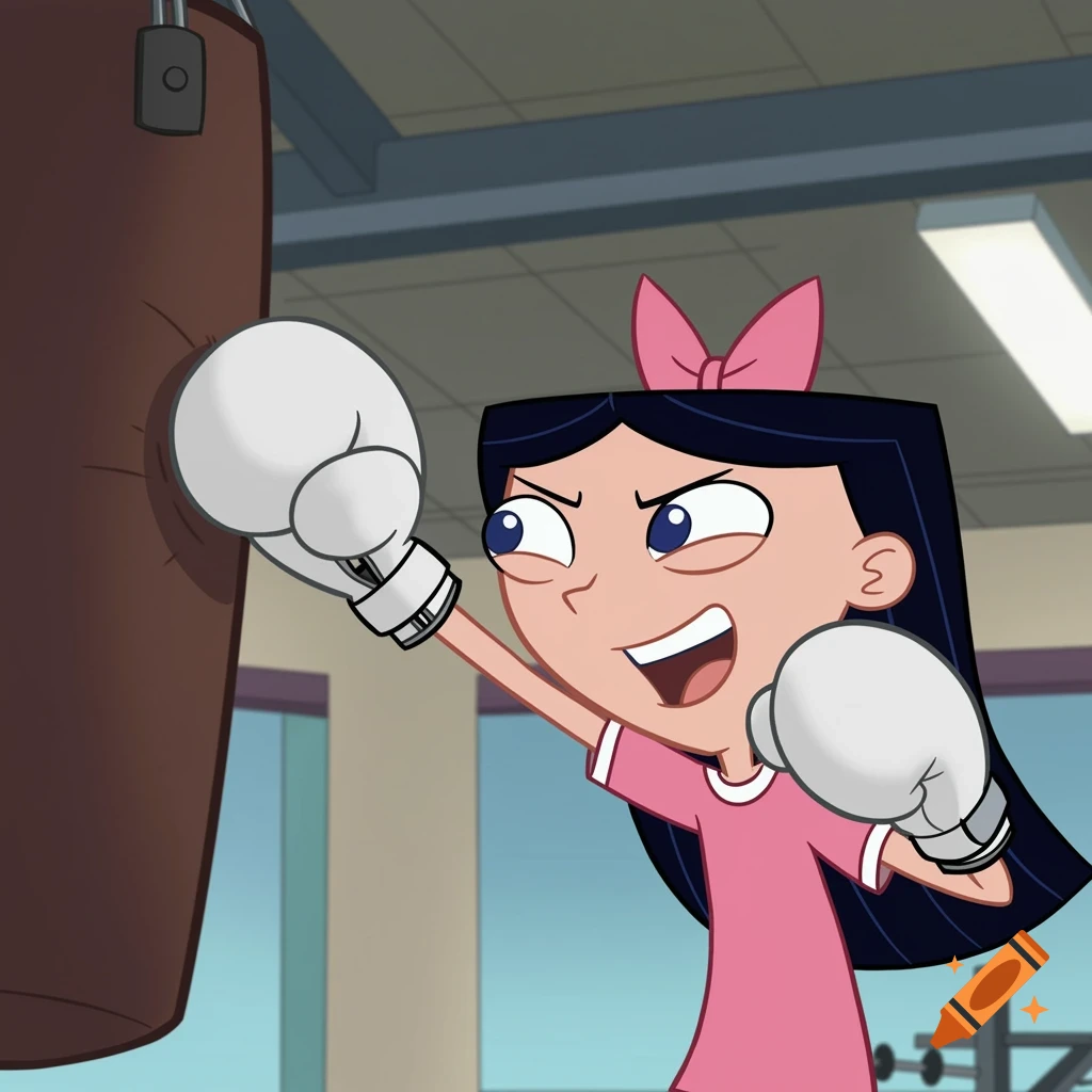 Isabella from Phineas and Ferb punches a heavy bag while wearing boxing ...
