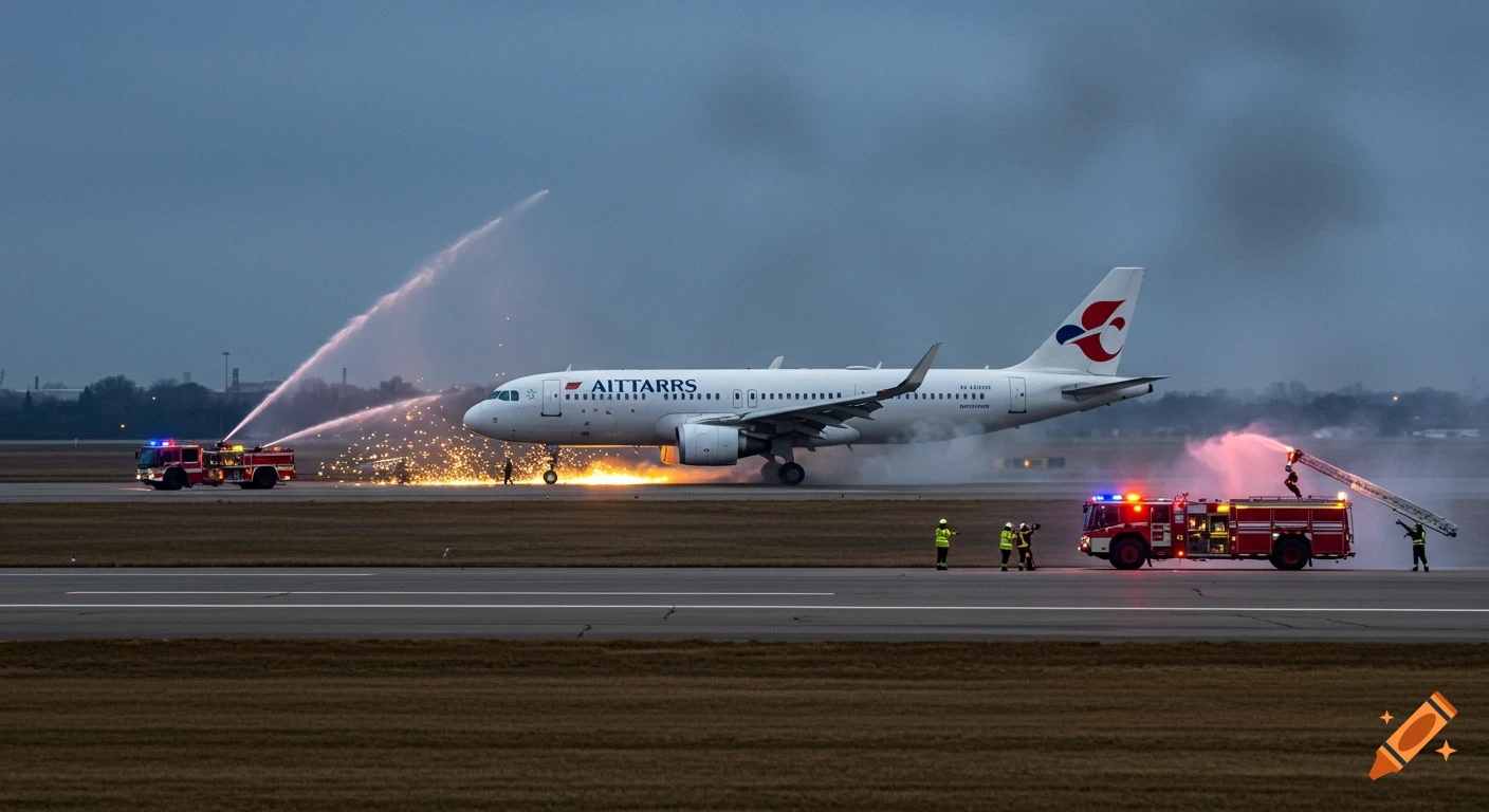 Commercial airplane on a runway with fire trucks spraying water, sparks ...