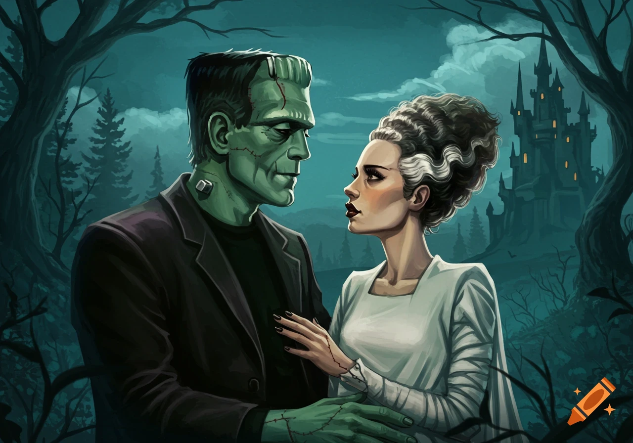 Illustrative image of Frankenstein's monster and his bride looking at ...